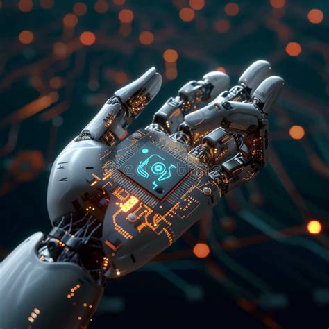 Futuristic Ai Hand Holding Logo On Microchip Hologram 3d Rendering Stock Illustration