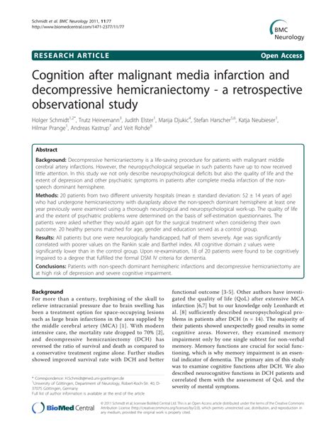 Pdf Cognition After Malignant Media Infarction And Decompressive Hemicraniectomy A