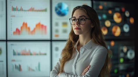 Confident Businesswoman Analyzing Data On Multiple Screens In Modern Office Premium Ai
