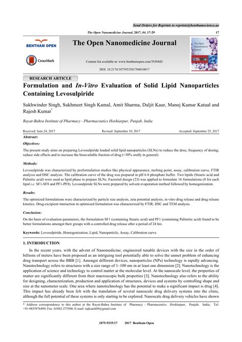 Pdf Formulation And Evaluation Of Solid Lipid Nanoparticles Containing Levosulpiride