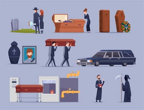 죽음의 의식 매장 죽어가는 사람들은 큰 손실 심리학 문제 묘지 립 무덤 무덤 정확한 벡터 만화 삽화 컬렉션입니다 장례·장례식 애도 프리미엄 벡터 Burial