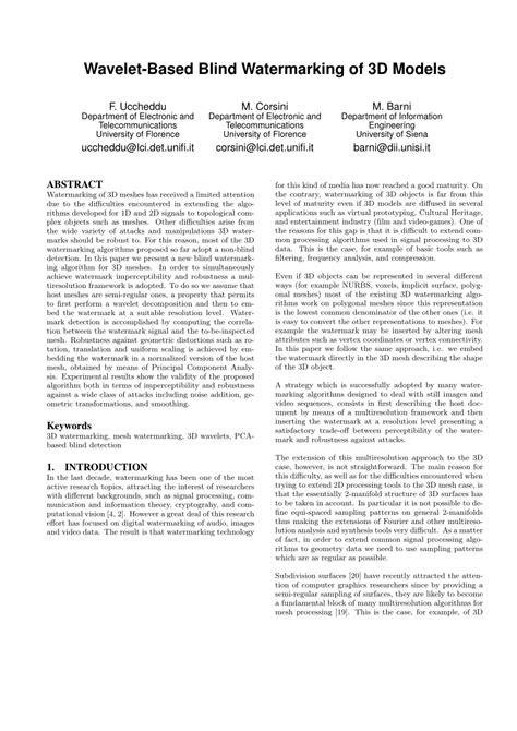 pdf wavelet based blind watermarking of 3d models