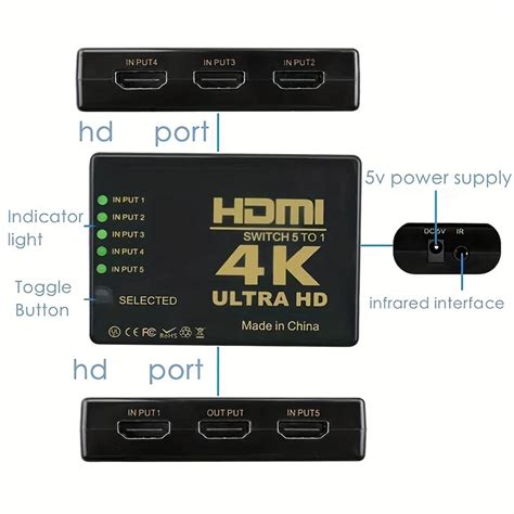 1pc 4k 2k 5x1 Hdmi Splitter Cable 1080p Video Switcher Adapter 5 Input