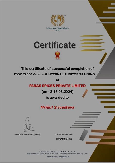 I Have Successfully Completed Fssc 22000 Version 6 Internal Auditor Training Mridul Srivastava