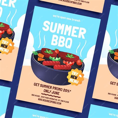그릴에 음식이 있는 그라데이션 여름 바베큐 포스터 템플릿 무료 벡터