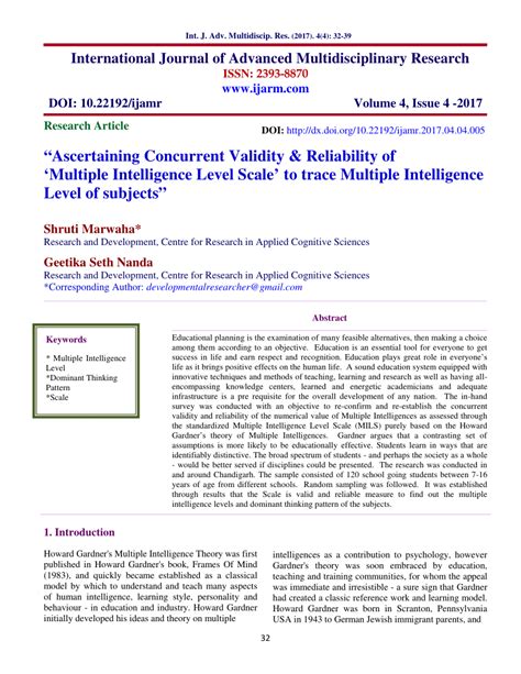 Pdf Ascertaining Concurrent Validity And Reliability Of ‘multiple Intelligence Level Scale To