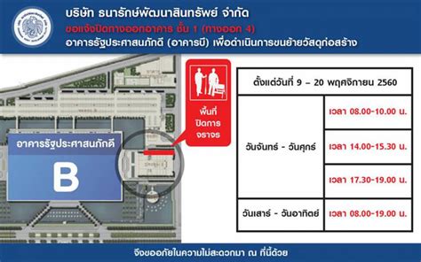 บริษัท ธนารักษ์พัฒนาสินทรัพย์ จำกัด ขอแจ้งปิดทางออกอาคาร ชั้น 1 ทางออก 4 อาคารรัฐประศาสนภักดี