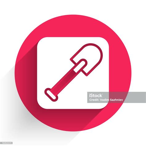 흰색 삽 아이콘은 긴 그림자 배경으로 분리되어 있습니다 원예 도구 원예 농업 농업을 위한 도구 빨간색 원 버튼입니다 벡터 제설차에 대한 스톡 벡터 아트 및 기타 이미지