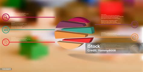 3d 그림 인포 그래픽 템플릿입니다 양각 된 원은 무작위로 여섯 개의 색상 부분으로 나뉩니다 개체는 흐린 된 사진 배경에 배치 됩니다 원에 기호가 있는 선은 측면에 있습니다