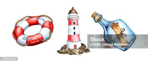 수채화 그림 세트 노트 등대 구명 부표와 병 해군 지원 선원 재산 해양 모험 컬렉션 도와주세요 물에 빠진 사람을 구하세요 흰색 배경에 고립되어 있습니다 손으로 그린 것입니다