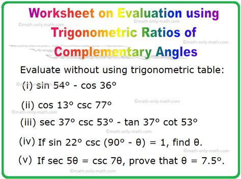 Worksheet On Evaluation Using Trig Ratios Of Complementary Angles