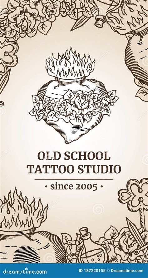 Old School Tattoo Social Media Banner With Heart Flowers Bottle Icon Knife Key With Header