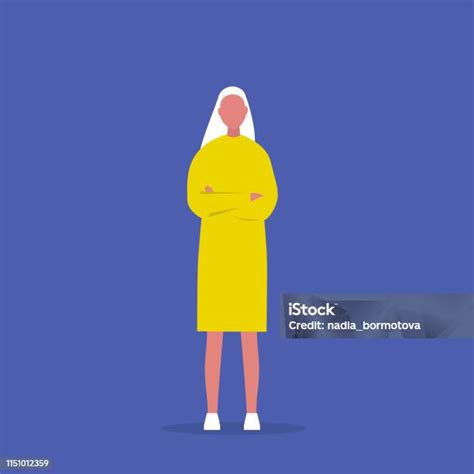 젊은 금발 여성 캐릭터는 팔을 넘어 서 있다 신체 언어 수동적인 공격적인 행동 불만족 감정과 몸짓 플랫 편집 가능한 벡터