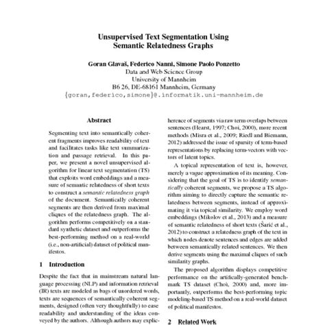 Unsupervised Text Segmentation Using Semantic Relatedness Graphs Acl