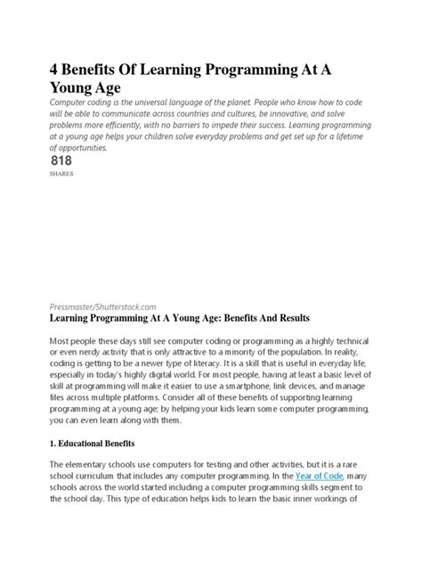 4 Benefits Of Learning Programming At A Young Age Pdf Computer Programming Thought