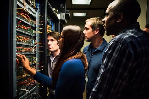 Technicians In A Server Room Coordinating During A Live Network Test Premium Ai Generated Image