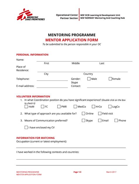 Fillable Online Mentoring Programme Mentor Application Form Fax Email