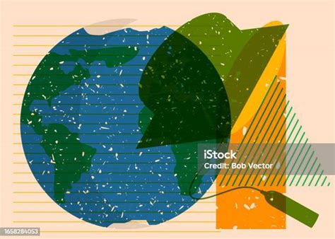 지구 지구본과 다채로운 기하학적 모양이 있는 졸업 모자 아카데믹 교육 트렌디한 리소 그래프 디자인 기하학 요소 리소그래프 인쇄 텍스처 스타일 고등학교 이하에 대한 스톡 벡터