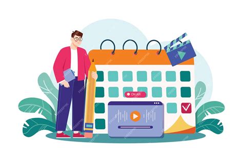 Hombre Programando Una Fecha De Lanzamiento De Podcast Concepto De Ilustración Ilustración Plana