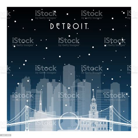 디트로이트에서 겨울 밤입니다 배너 포스터 일러스트 레이 션 게임 배경에 대 한 평면 스타일에 박 시 디트로이트 미시간에 대한 스톡 벡터 아트 및 기타 이미지 Istock