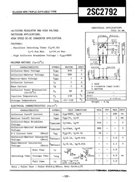 2sc2792 Datasheet Silicon Npn Transistor Toshiba