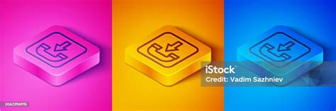 등각 투영 선 수신 전화 아이콘은 분홍색과 주황색 파란색 배경에 분리되어 있습니다 전화 기호 전화 송수화기 사각형 버튼 벡터 3