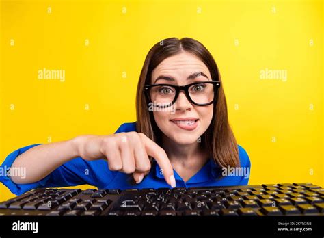 Photo Of Young Stressed Nervous Attractive Cute Crazy Business Woman Programmer Oops Finger