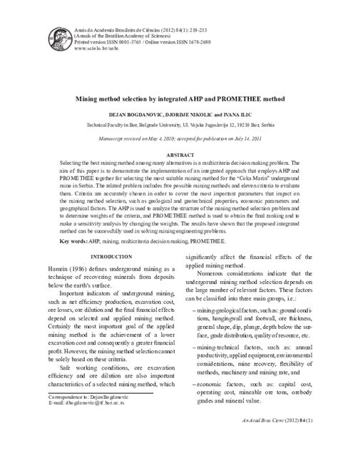 Pdf Mining Method Selection By Integrated Ahp And Promethee Method