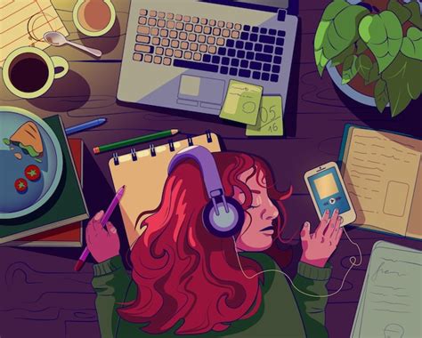 Trabajo Nocturno Ilustración Plana Cansada En El Trabajo Chica Cansada