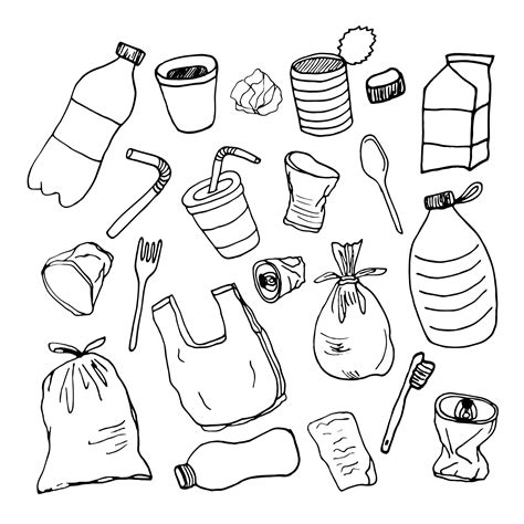 Hand Drawn Doodle Stop Plastic Pollution Icons Setvector Illustration