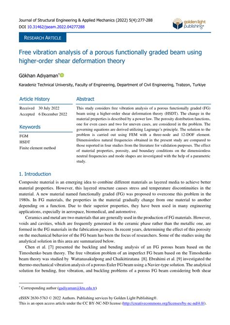 Pdf Free Vibration Analysis Of A Porous Functionally Graded Beam Using Higher Order Shear