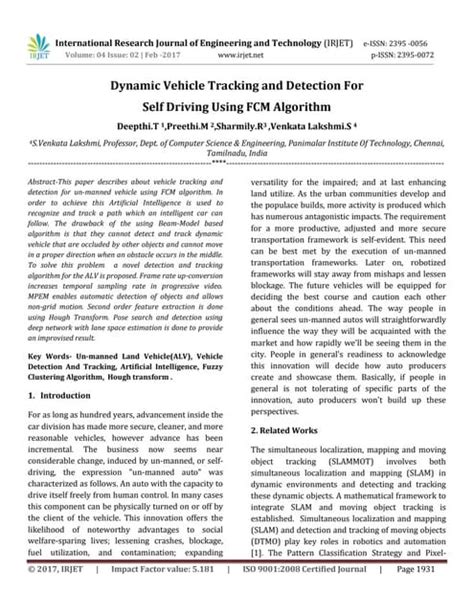 Dynamic Vehicle Tracking And Detection For Self Driving Using Fcm Algorithm Pdf Driverless
