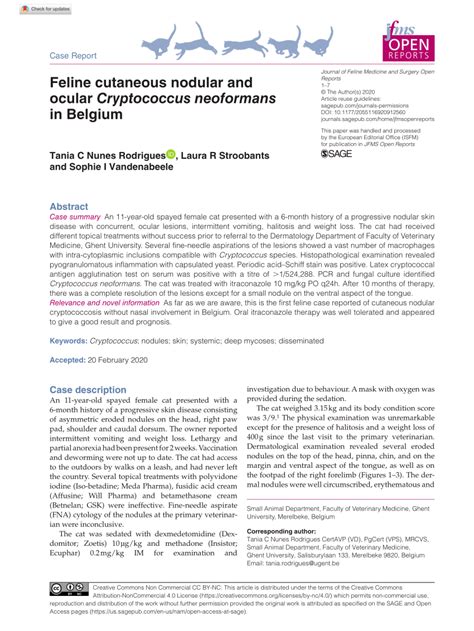 Pdf Feline Cutaneous Nodular And Ocular Cryptococcus Neoformans In Belgium