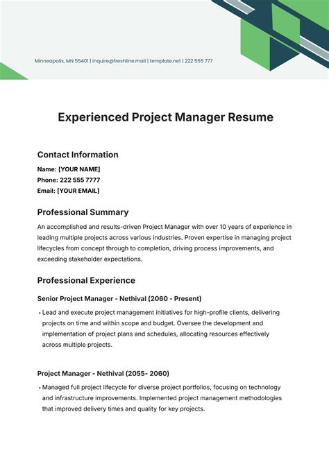 Free Experienced Project Manager Resume Template To Edit Online