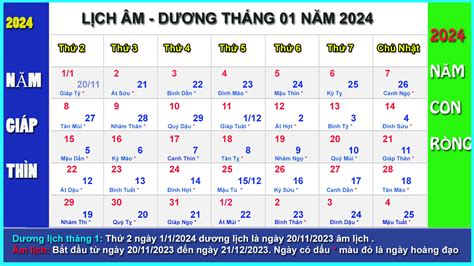 lịch âm dương và những ngày lễ trong tháng 1 năm 2024