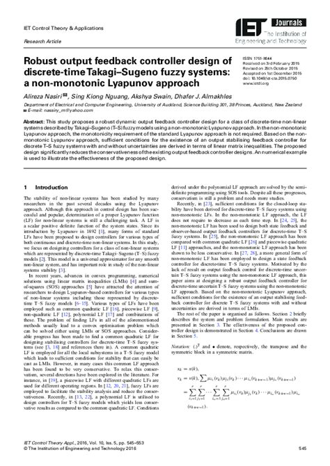 Pdf Robust Output Feedback Controller Design Of Discrete Time Takagi