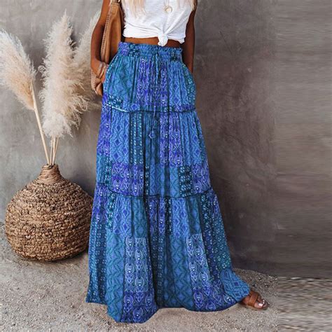Chcnhac Womens Maxi Skirts Boho Swing High Waist Long Flowy Skirt
