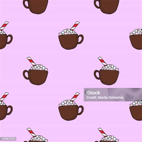 코코아와 마시멜로의 손으로 그린 컵과 매끄러운 패턴 컬러 배경에 낙서 스타일 벡터 텍스처 벽지 포장 포스터 카드 또는 기타 디자인 건강에 좋지 않은 음식에 대한 스톡 벡터
