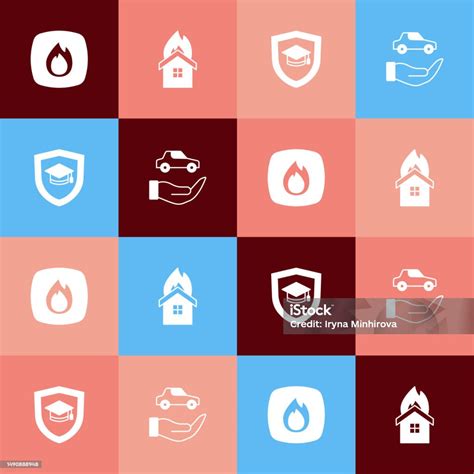 팝 아트 불 불꽃 불타는 집 방패와 자동차 보험 아이콘이 있는 졸업 모자를 설정합니다 벡터 건축하기에 대한 스톡 벡터 아트 및 기타 이미지 Istock