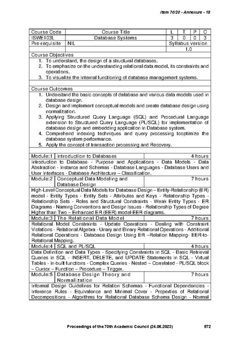 Iswe103l Database Systems Th 1 Course Code Course Title L T P C Iswe103l Database Systems 3 0