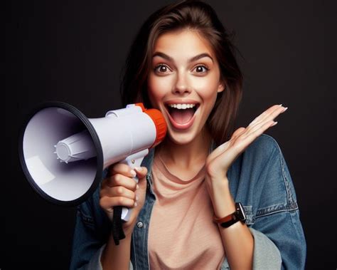 Premium Photo Happy Woman Hold In Hand Megaphone