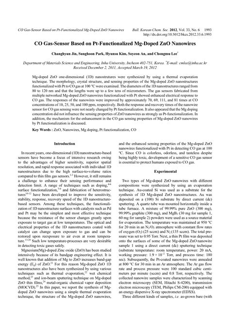Pdf Co Gas Sensor Based On Pt Functionalized Mg Doped Zno Nanowires Co Gas Sensor Based On Pt