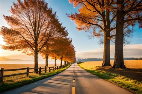 Premium AI Image A Road With Trees On The Side And A Road With A Fence In The Background