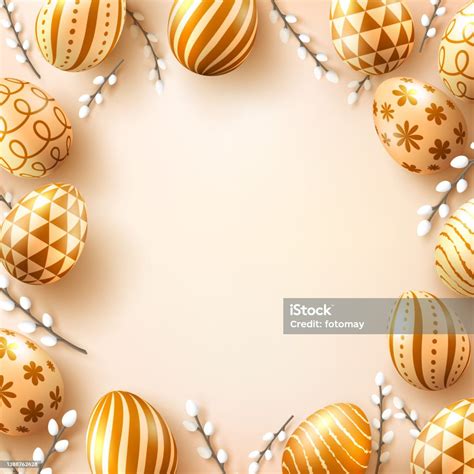 황금 부활절 달걀 부활절 배경 템플릿 플랫 레이 스타일링으로 부활절 날을 위한 인사와 선물 부활절프로모션 및 쇼핑 템플릿 4월에 대한 스톡 벡터 아트 및 기타 이미지