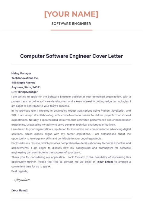 Free Computer Software Engineer Cover Letter Template To Edit Online