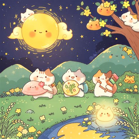 추석 일러스트 Dibujos Animados Bonitos Ilustración De Gato Dibujos Kawaii
