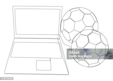 축구 공을 가진 노트북의 1개의 연속적인 선 가는 선 그림 벡터 개념입니다 등고선 그리기 창의적인 아이디어 Championship에 대한 스톡 벡터 아트 및 기타 이미지