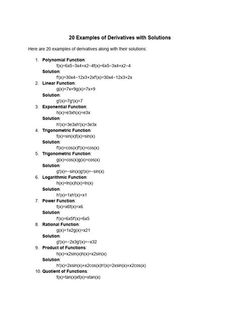 20 Examples Of Derivatives With Solutions Pdf Function Mathematics Subtraction
