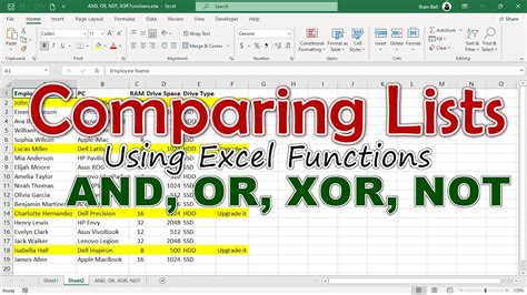 Comparing Lists Using And Or Xor And Not Functions In Excel Youtube