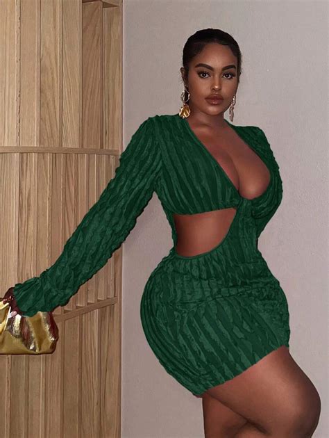 Slaydiva Plus Size Vacation And Elegant Sexy Slim Solid Green Long Sleeve
